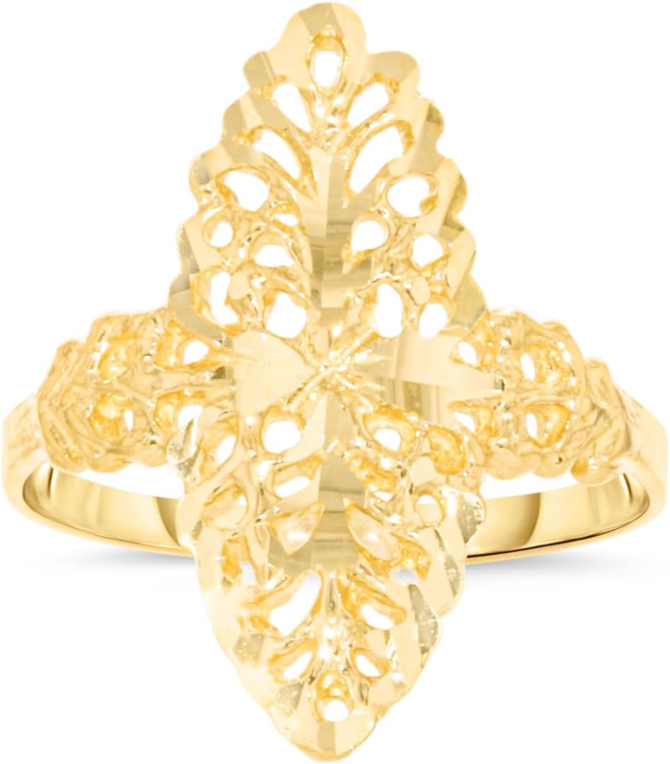 Floreo 10k Yellow Gold 22mm Oval Diamond Cut Leaf Openwork Filigree Ring